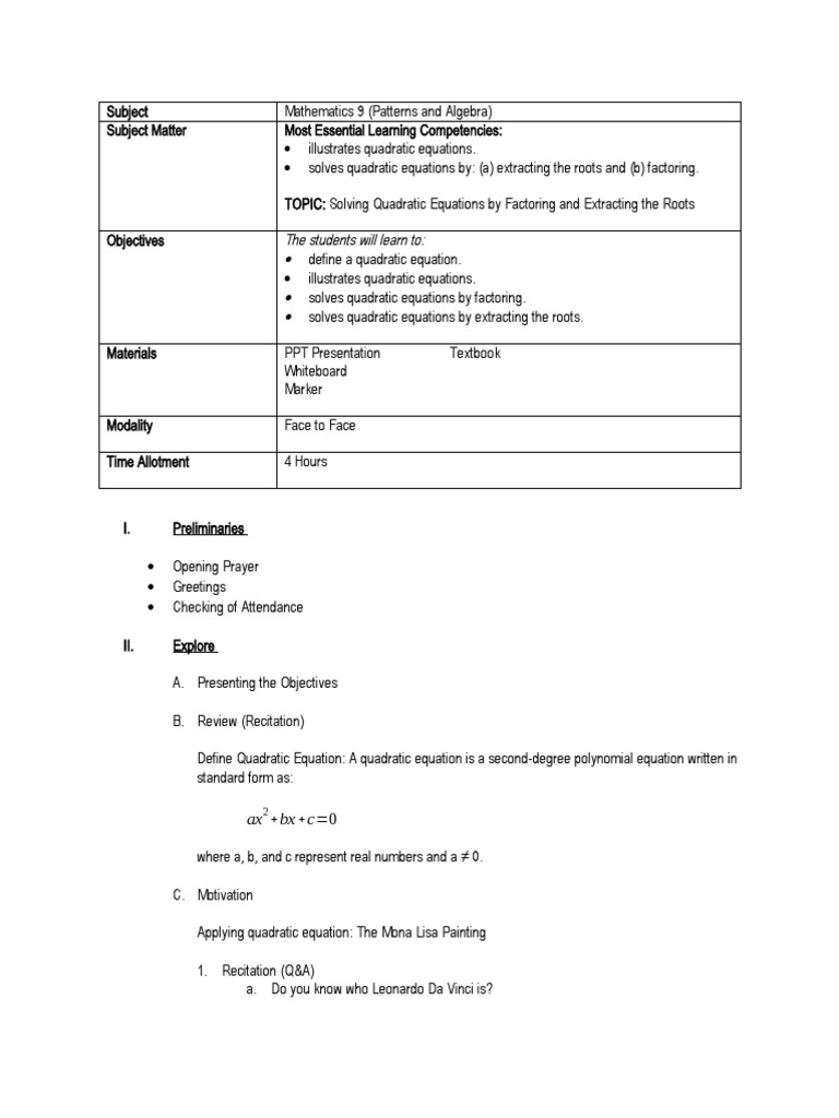 Lesson1 Factoring And Extracting Roots Pdf Quadratic Equation Factorization