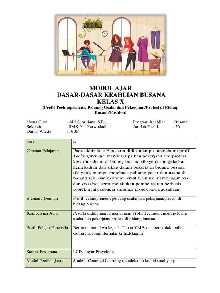 Modul Ajar Dasar-Dasar Busana 1 Tahun | PDF