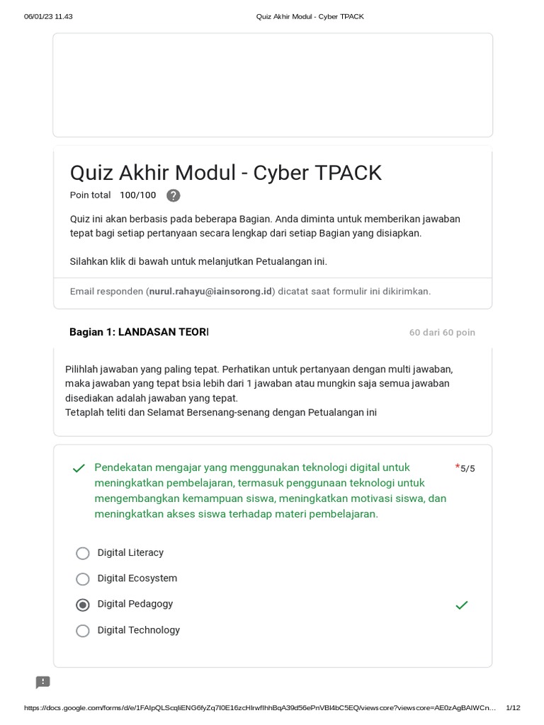 Quiz Akhir Modul - Cyber TPACK | PDF