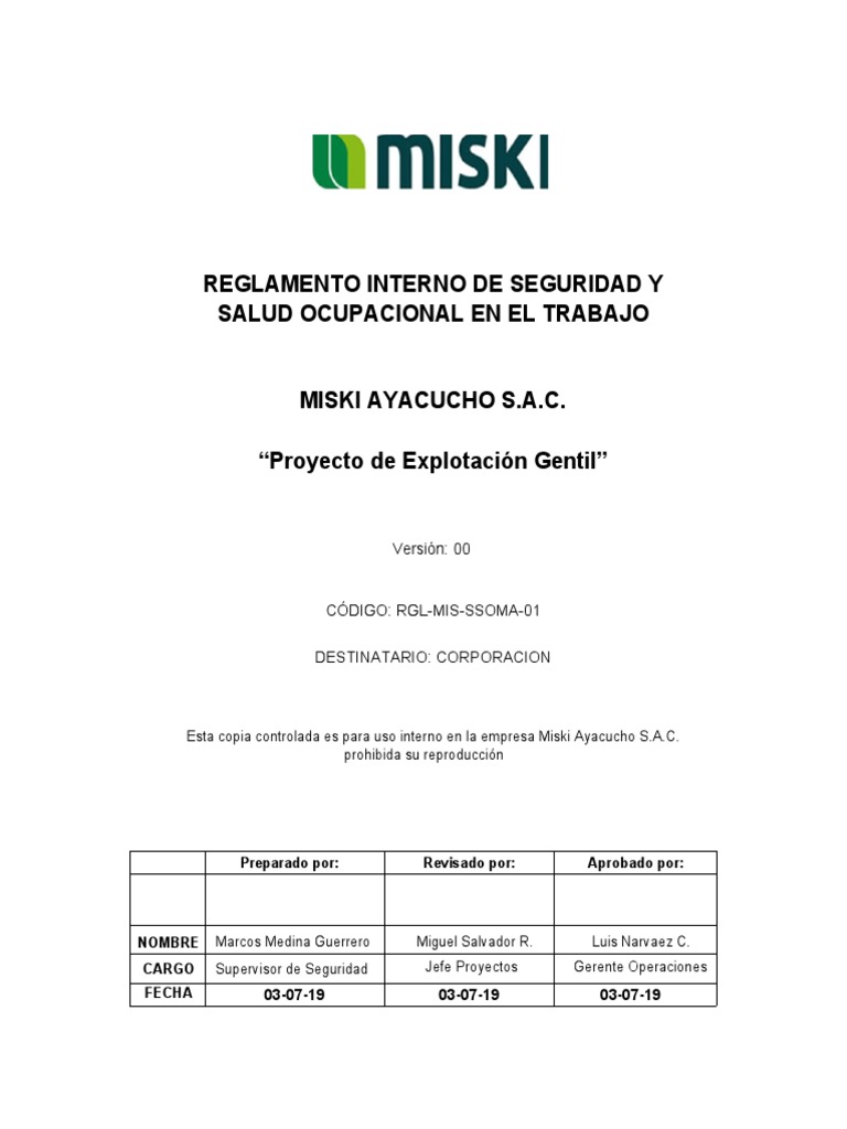 RGL-MIS-SSOMA-01 Reglamento Interno de Seguridad y Salud en El Trabajo | PDF | Seguridad y salud ...