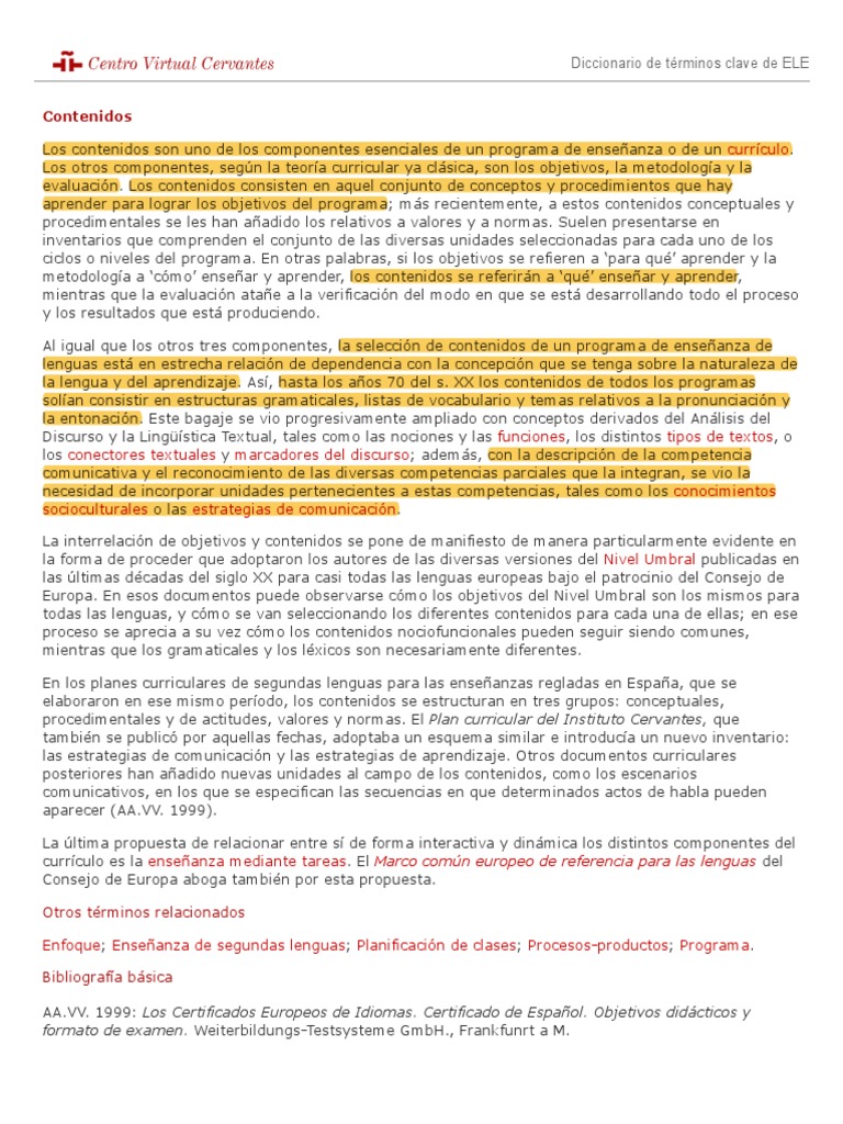 CVC. Diccionario de Términos Clave de ELE. Contenidos. | PDF ...