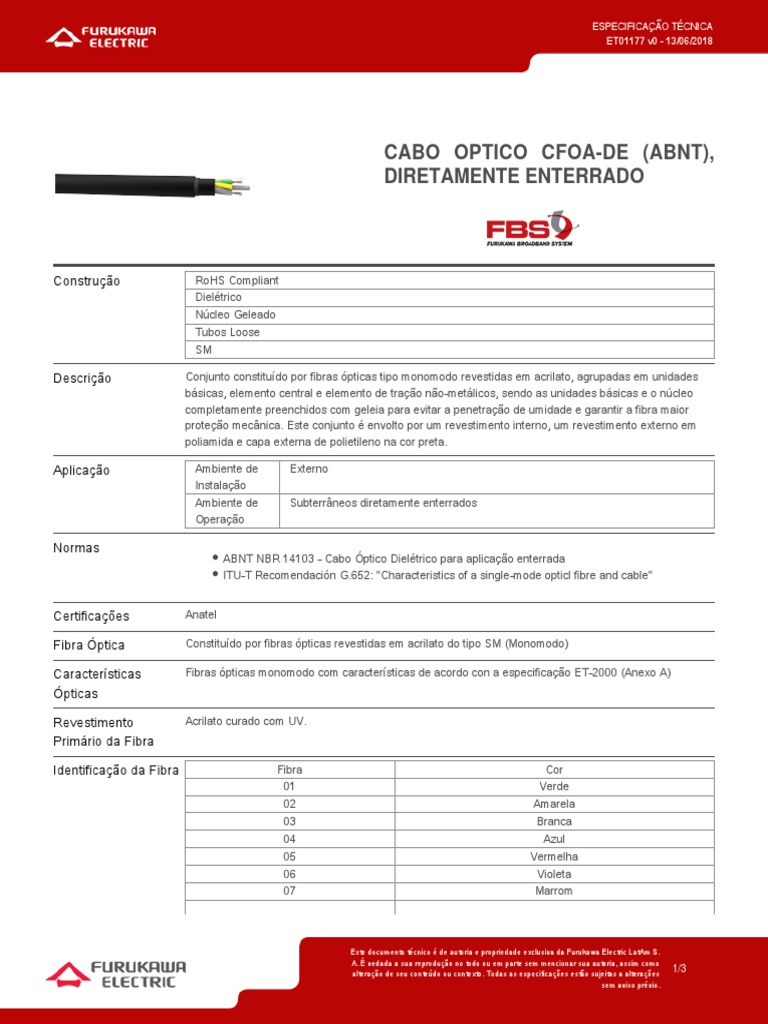 Cabo Optico Cfoa de Abnt Diretamente Enterrado | PDF | Fibra ótica ...