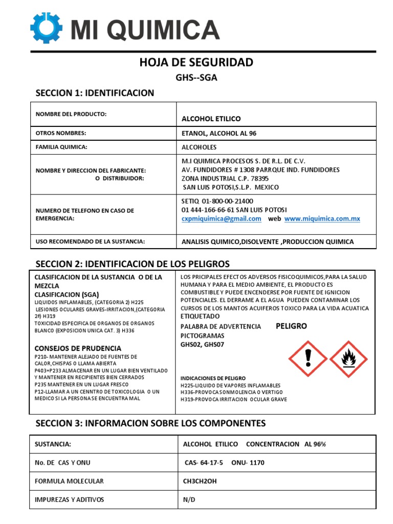 Hoja de Seguridad Alcohol Etilico (Sga) | PDF | Agua | Etanol