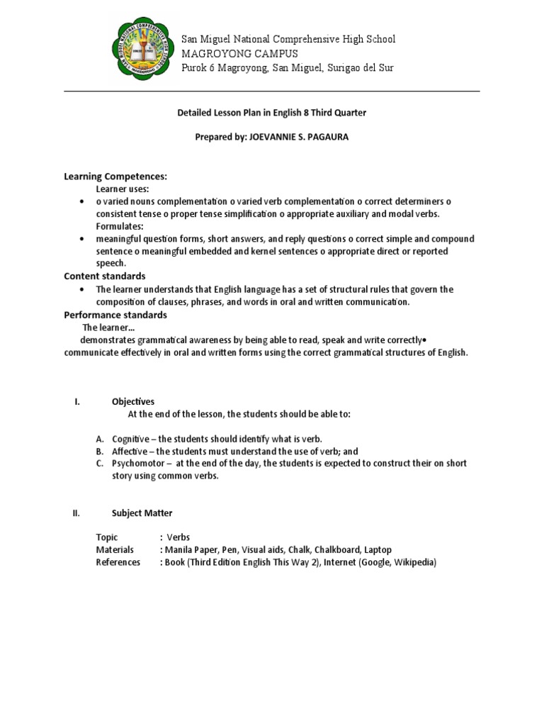 Detailed Lesson Plan Verb Pdf English Language Verb