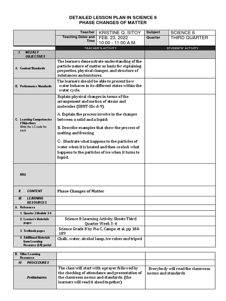Science 8 Lesson Plan: Phase Changes | PDF | Water | Learning