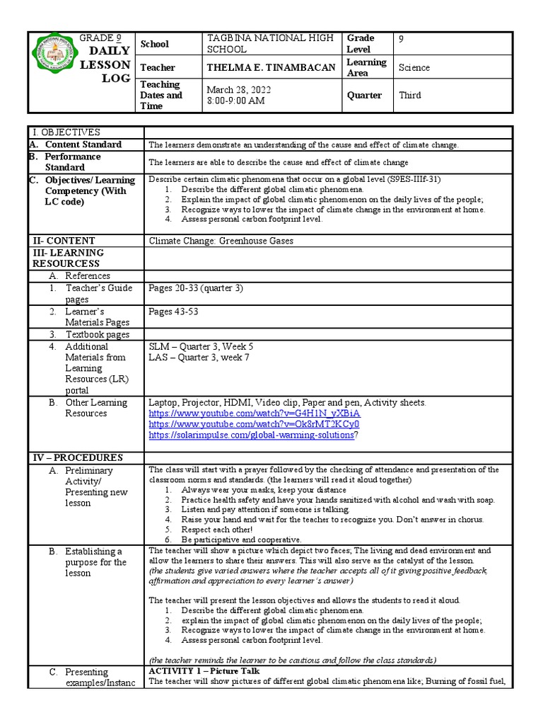Demo Teaching LP Science 9 3rd | PDF | Climate Change | Learning