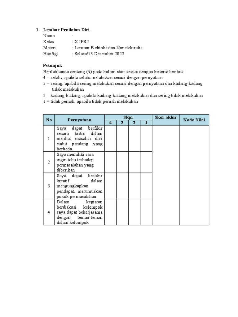 Lembar Penilaian Diri | PDF | Pengembangan Diri | Sains & Matematika