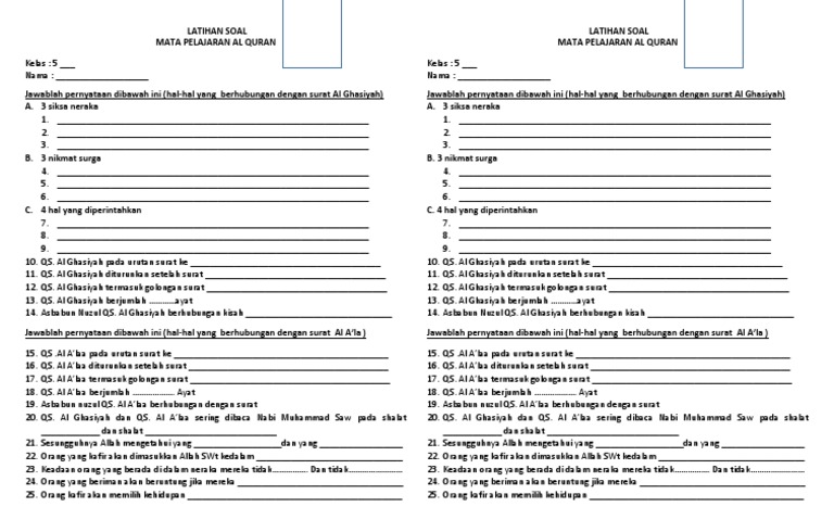 lATIHAN SOAL QS Al Ghasiyah & Al A'laa | PDF