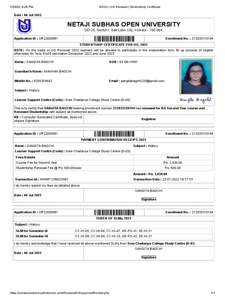 NSOU _ UG Renewal _ Studentship Certificate | PDF | Service Industries