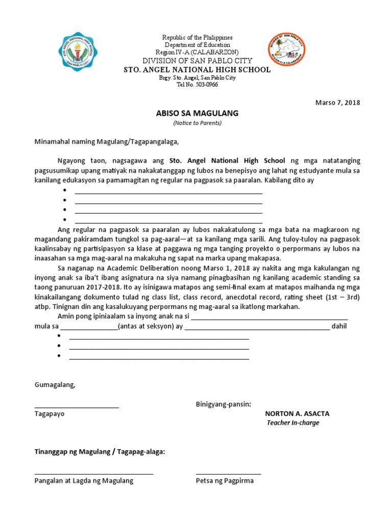 Attendance Letter Template-Tagalog | PDF