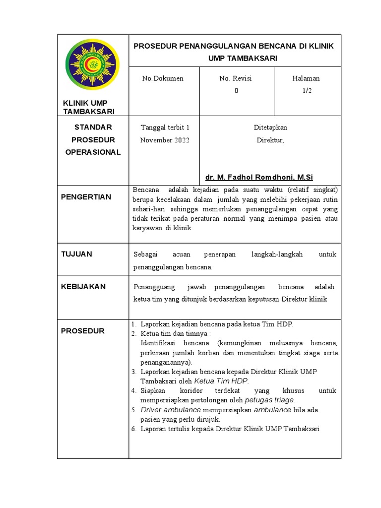 SOP Penanggulangan Bencana Di Klinik | PDF