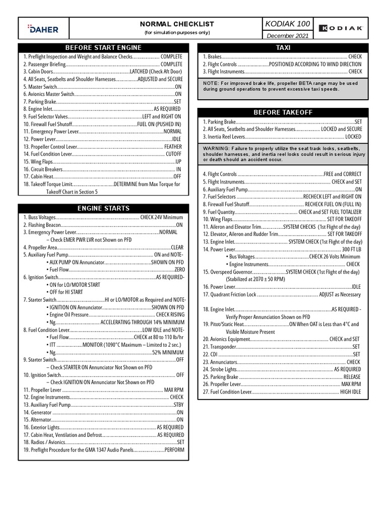 Quest Kodiak 100 - Checklist | PDF | Seat Belt | Airspeed
