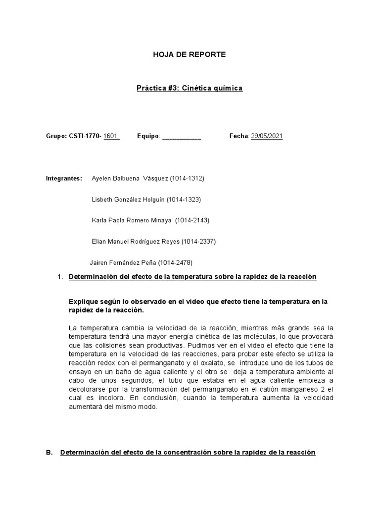 Hoja de Reporte #3 | PDF | Cinética química | Temperatura