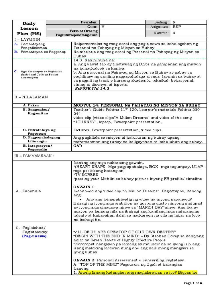 Lesson Plan Misyon Sa Buhay | PDF