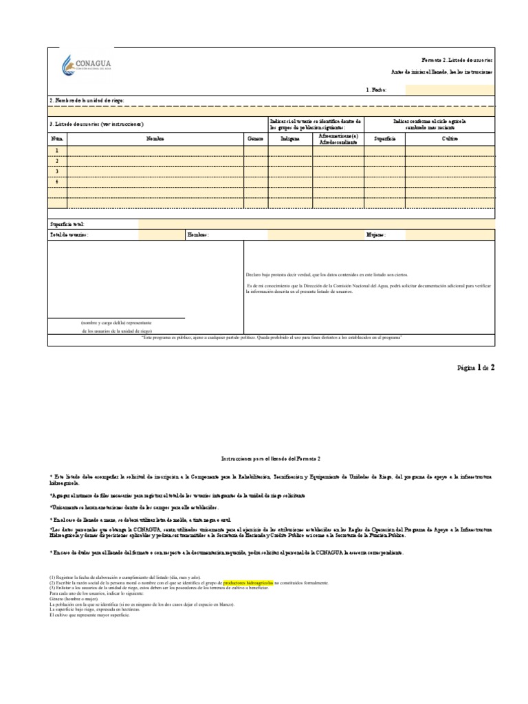 Formato 2 Listado de Usuarios - CONAGUA | PDF | Riego