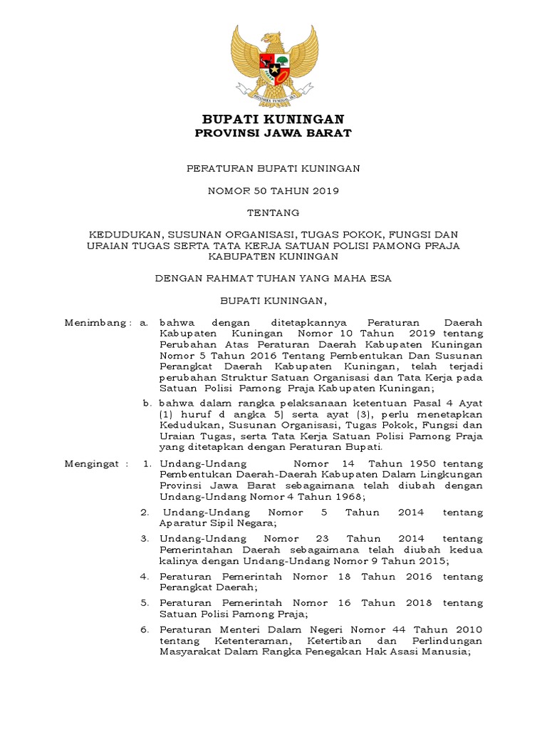 Perbup Kab. Kuningan Nomor 50 Tahun 2019 Tentang Kedudukan, SOTK Satpol PP | PDF