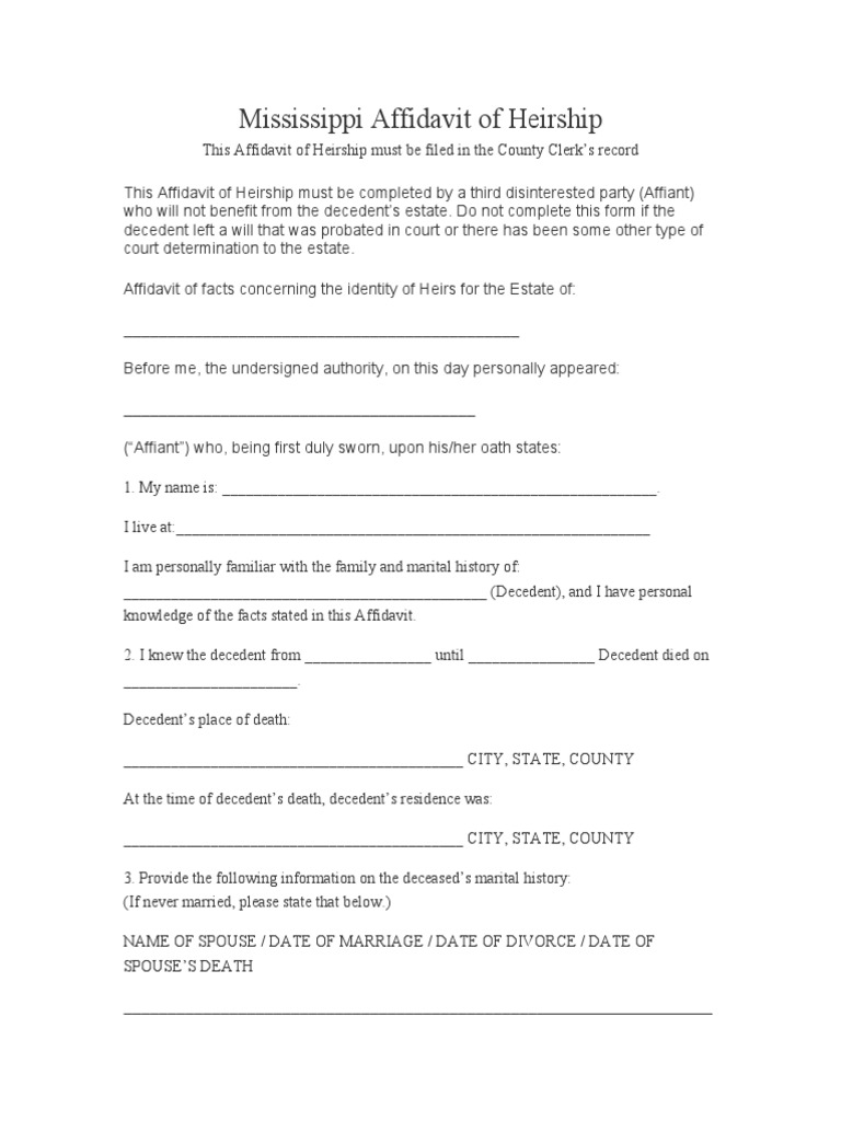 Mississippi Affidavit of Heirship | PDF | Affidavit | Social Institutions