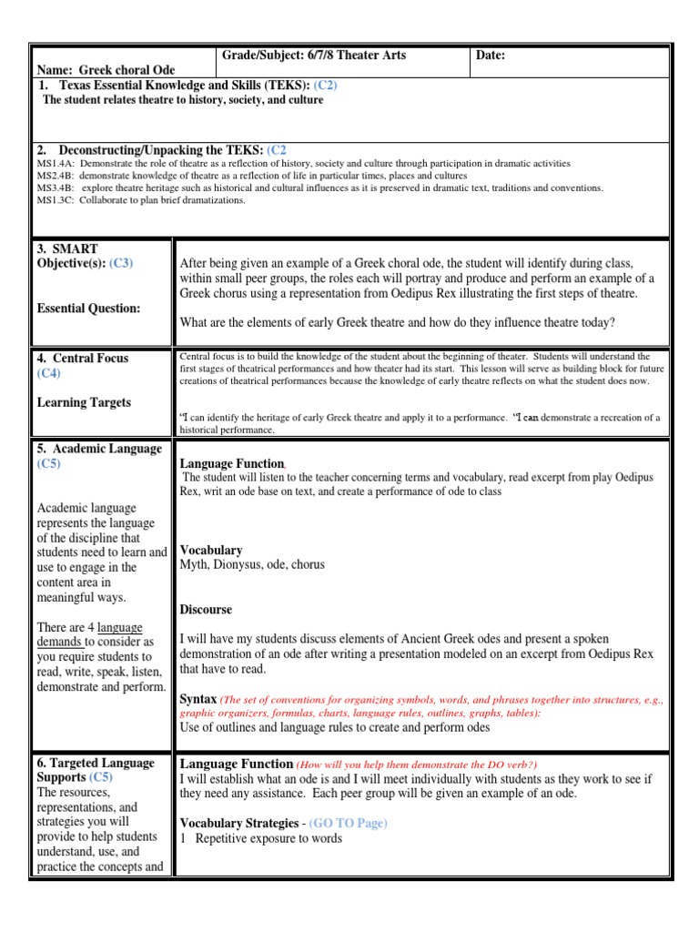 Greek Choral Ode Lesson Plan | PDF | Educational Assessment | Linguistics