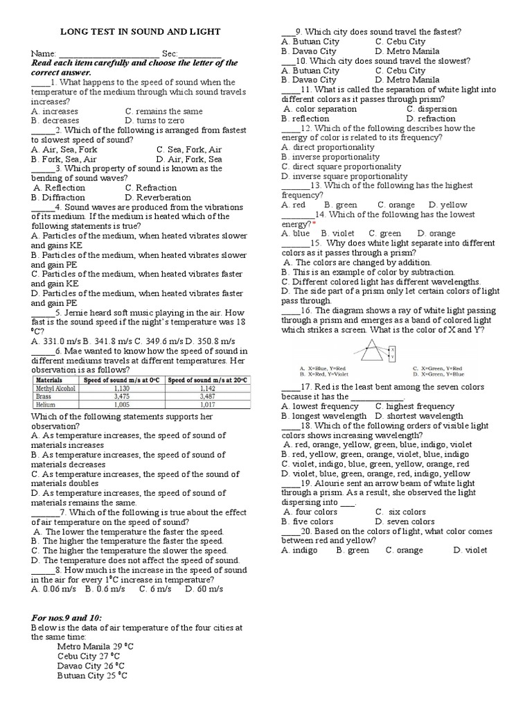 Sound and Light Test Questions | PDF | Sound | Color