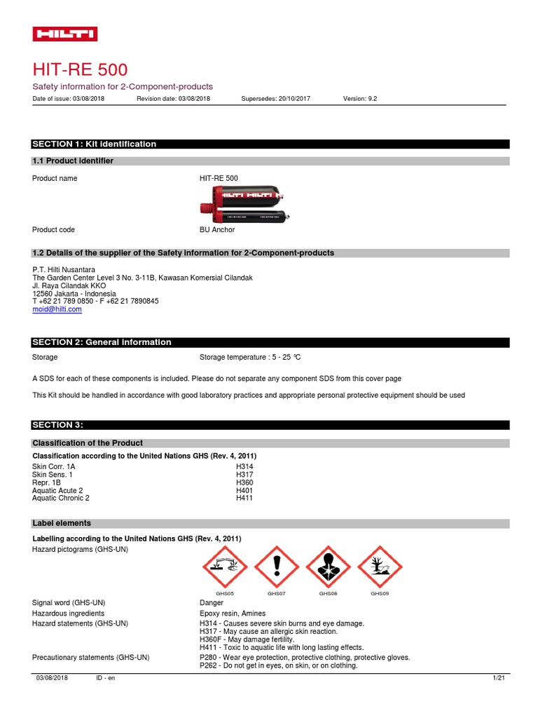 HIT-RE 500 Safety Data Sheet Summary | PDF | Toxicity | Firefighting