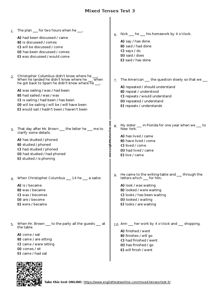 Mixed Tenses Practice Test Online | PDF