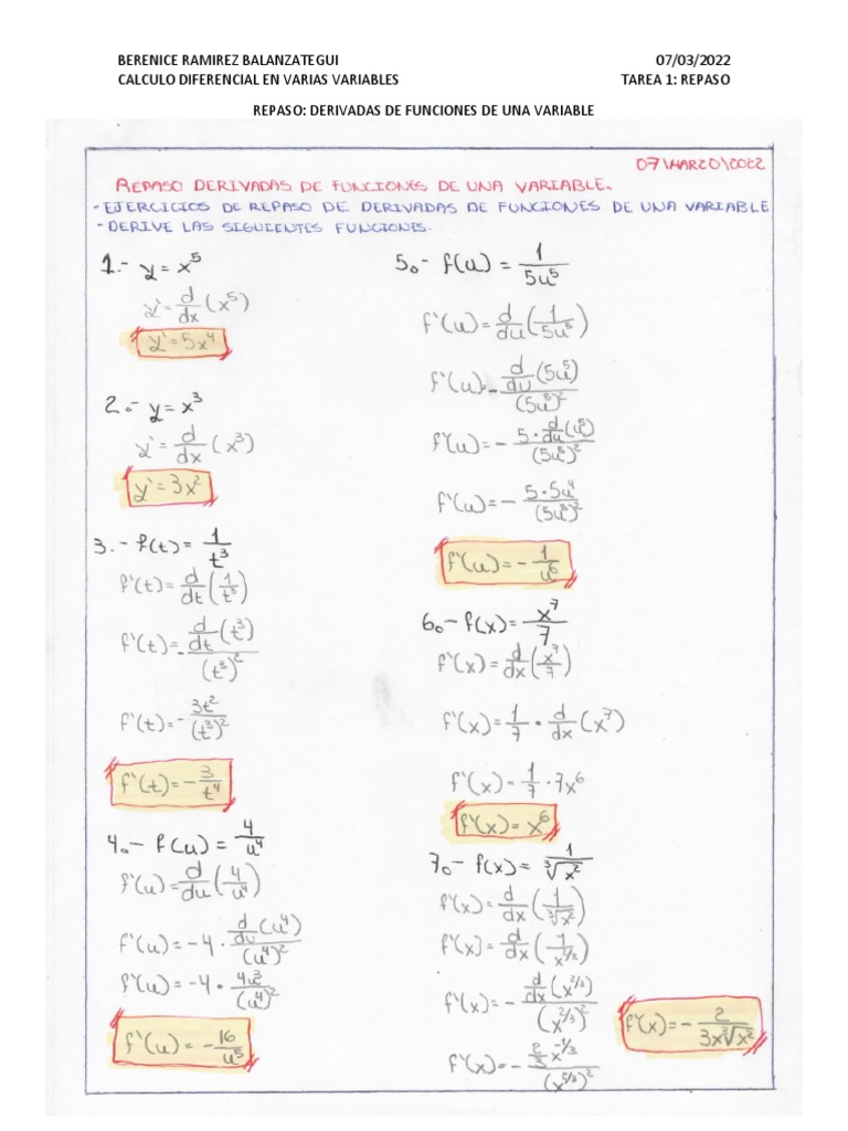 Tarea 1 Repaso Derivadas de Funciones de Una Variable | PDF