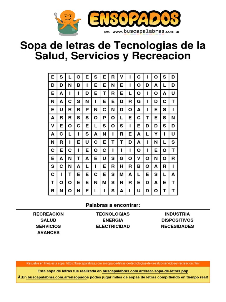 Sopa de Letras de Tecnologias de La Salud Servicios y Recreacion | PDF