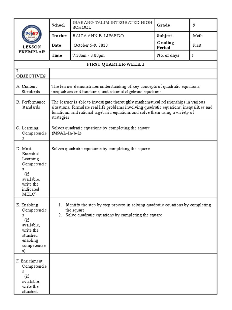 DLL Math9 Q1 W1 L4 | PDF | Equations | Mathematical Concepts