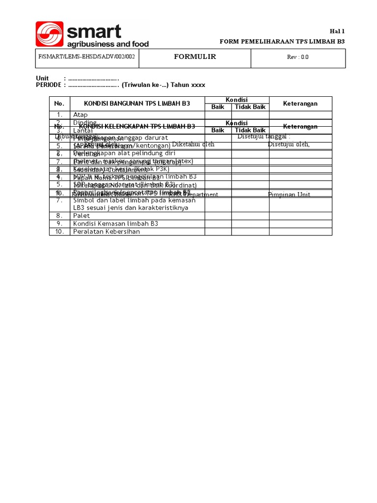 FSMARTLEMS-EHSDSADV002002 - Form Pemeliharaan TPS LB3 V1.0 | PDF
