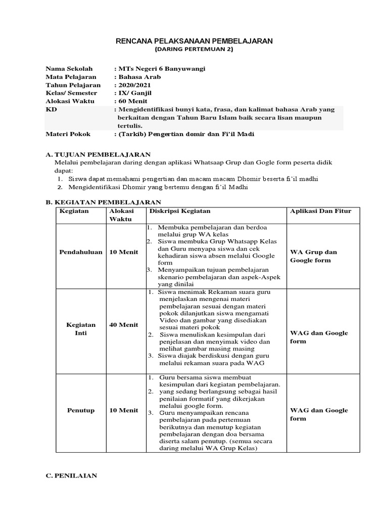 RPP Bahasa Arab 2 | PDF