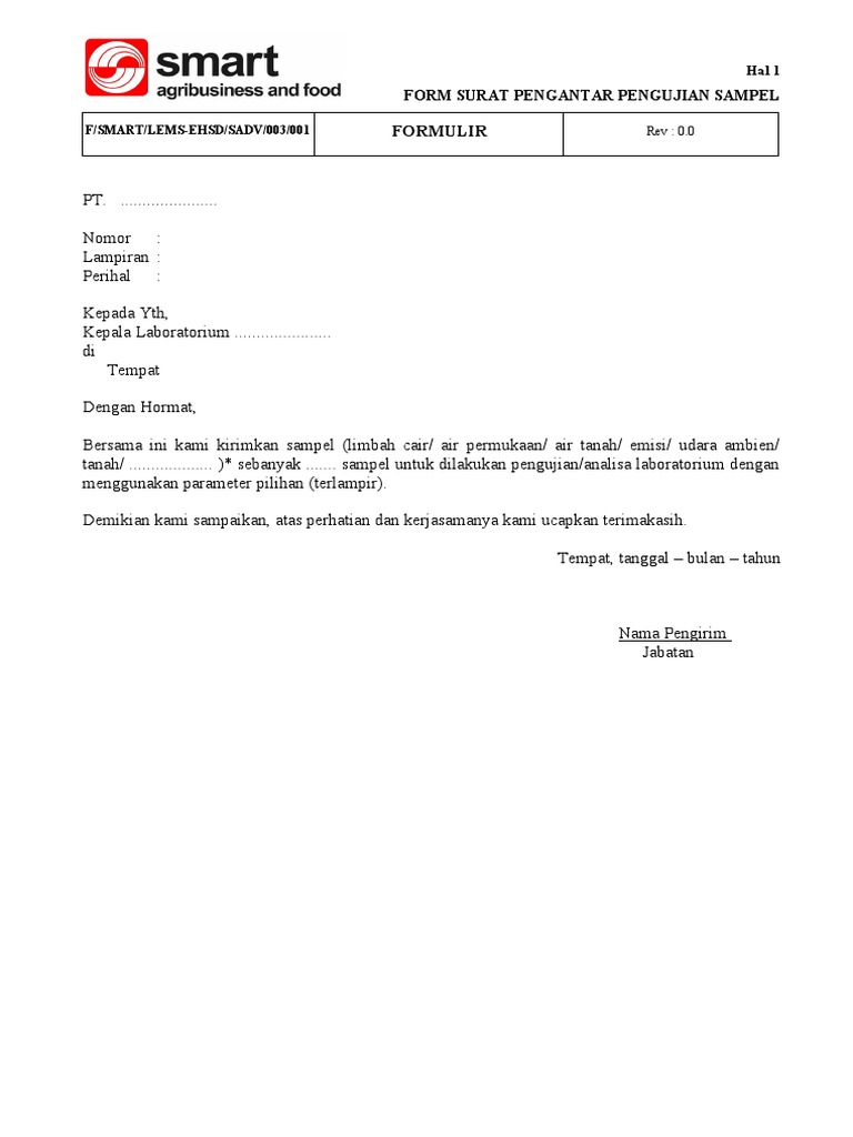 FSMARTLEMS-EHSDSADV003001 - Form Surat Pengantar Pengujian Sampel V1.0 | PDF