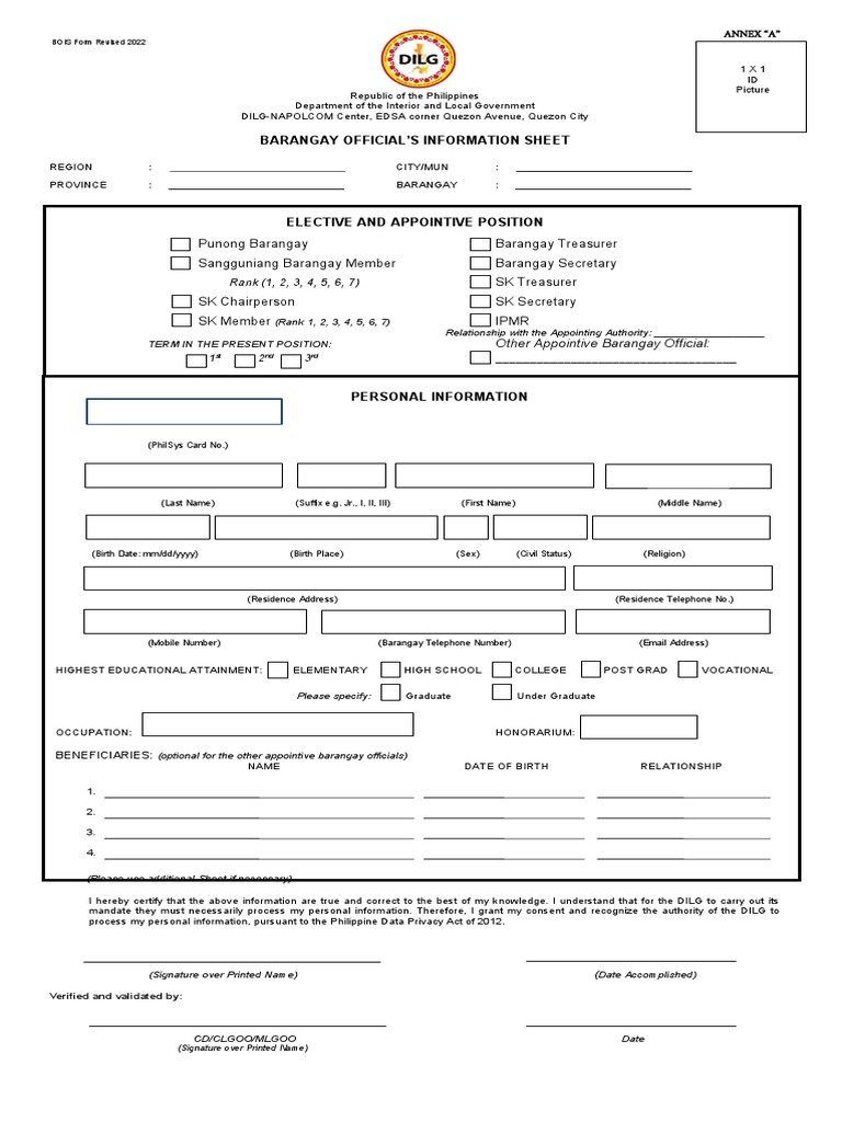 Revised BOIS Form 2023 for Barangays | PDF | Access Control ...