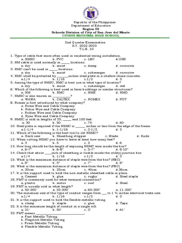 2nd Quarter Post Test in Technology and Livelihood Education EIM 10 ...