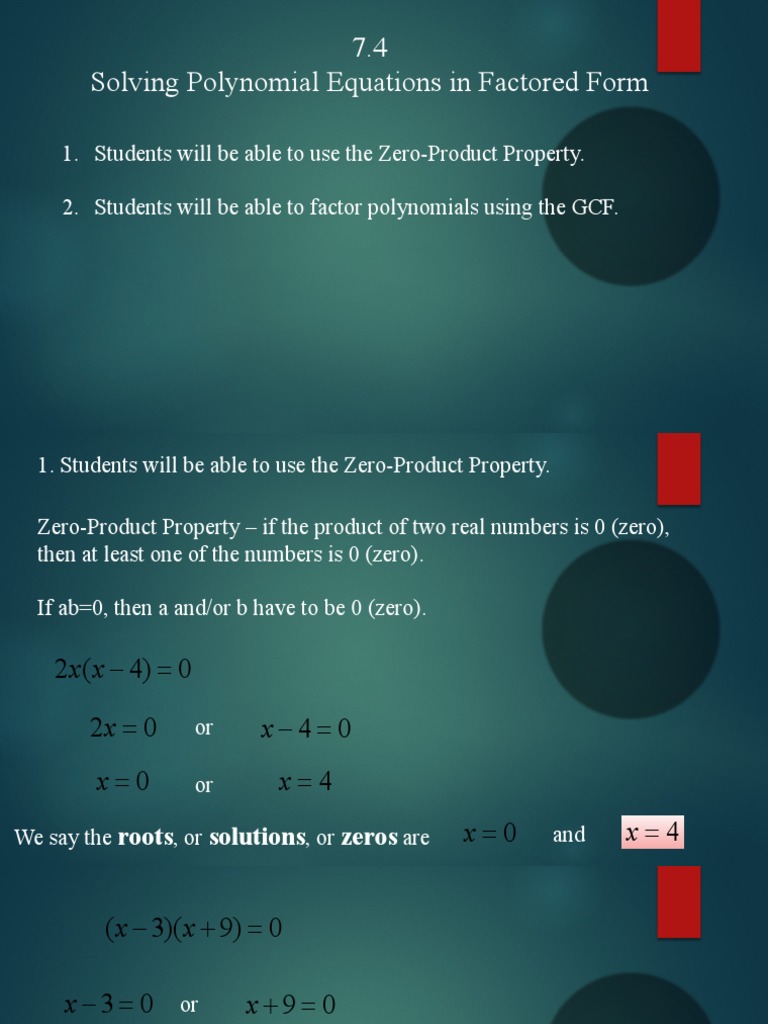 7.4 Solving Polynomial Equations in Factored Form | PDF | Zero Of A ...