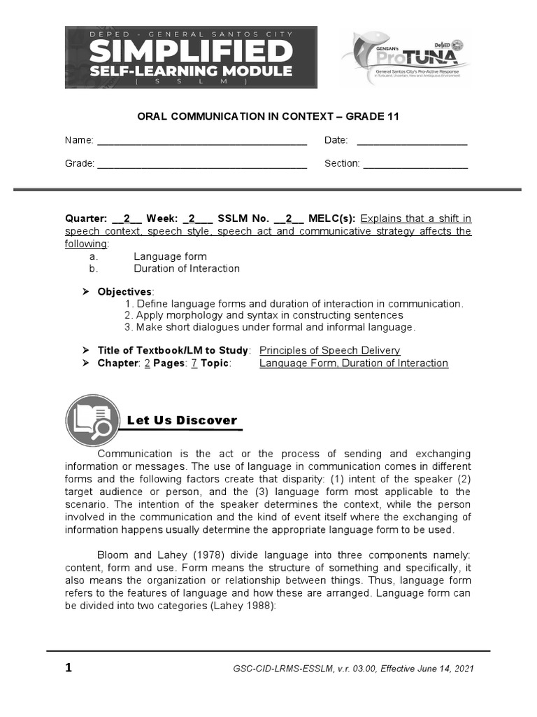 Q2 Week 2 Oral Com | PDF | Communication | Speech
