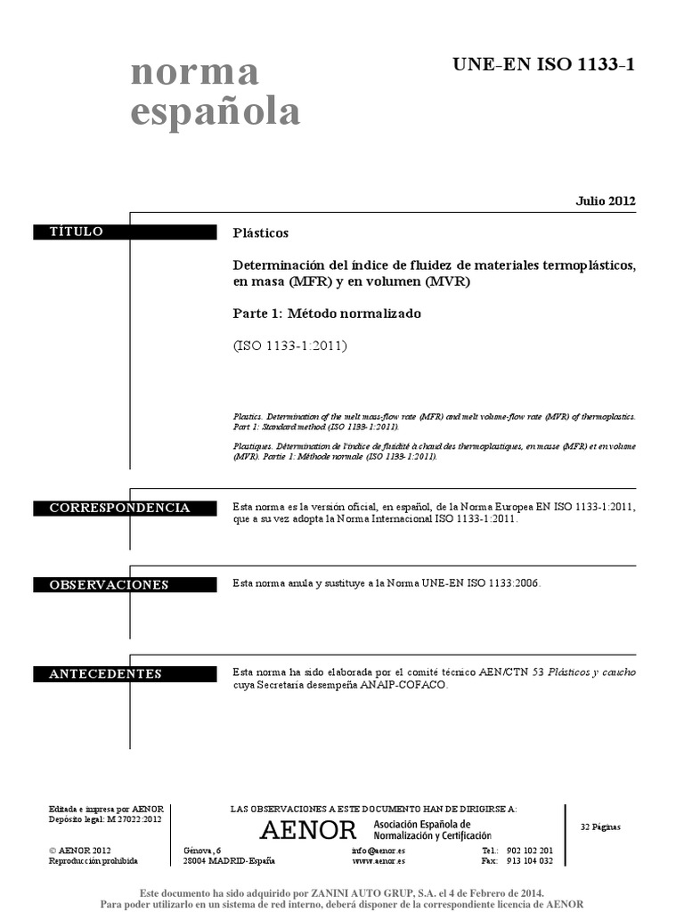 Une-En Iso 1133-1 2012 | PDF | Par termoeléctrico | Organización ...