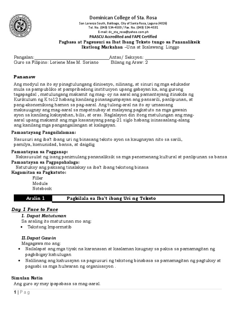 PAGBASA Quarter 3 Weeks 1 and 2 | PDF