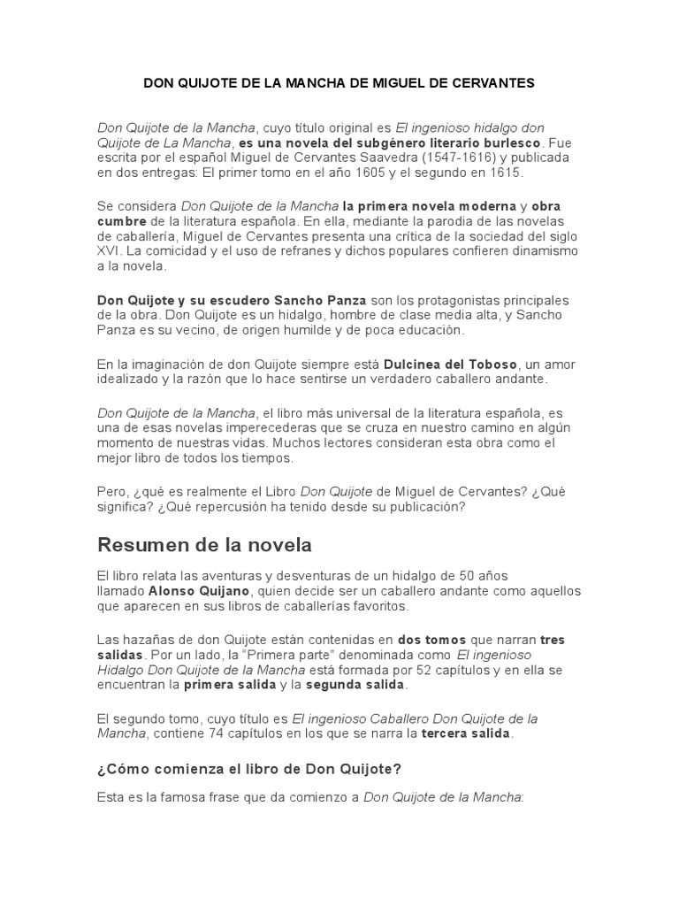 Don Quijote de La Mancha de Miguel de Cervantes | PDF | Don Quijote ...