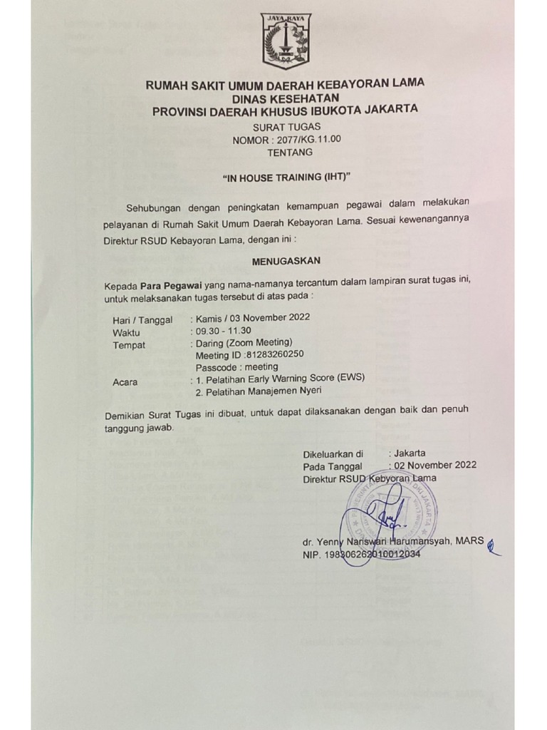 Surat Tugas IHT EWS Dan Manajemen Nyeri | PDF