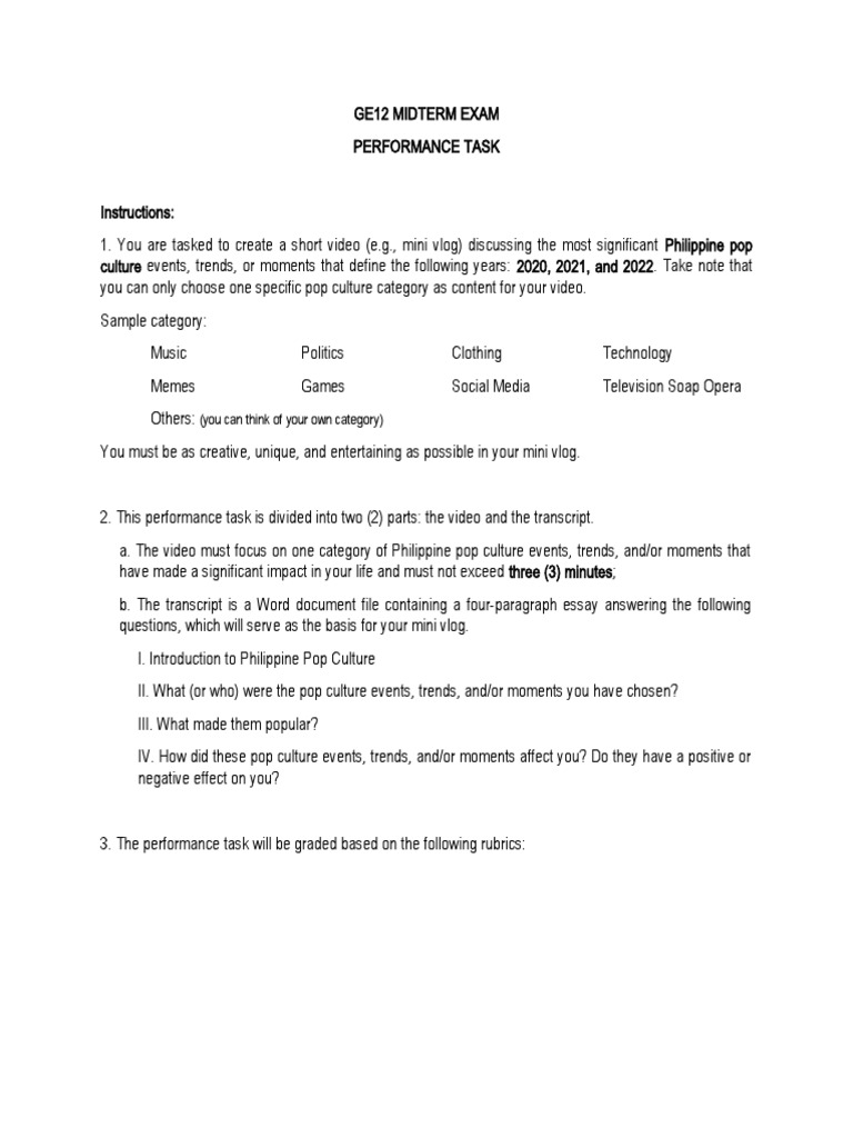GE12 Midterm Performance Task | PDF | Popular Culture | Essays