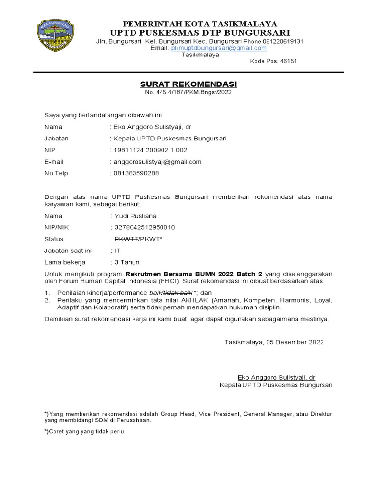 Template Surat Rekomendasi | PDF
