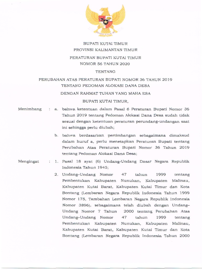 PERBUP 56 - 2020 TTG Perubahan Atas Peraturan Bupati Nomor 36 Tahun 2019 Tentang Pedoman Alokasi ...