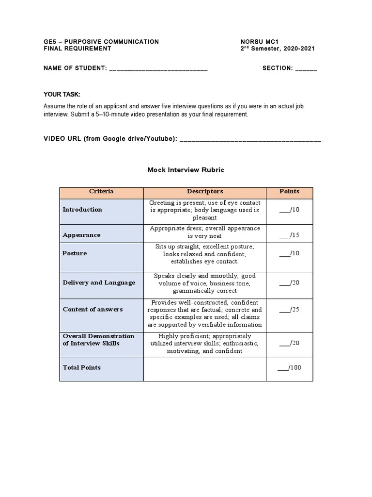 Mock Interview Worksheet & Rubric | PDF