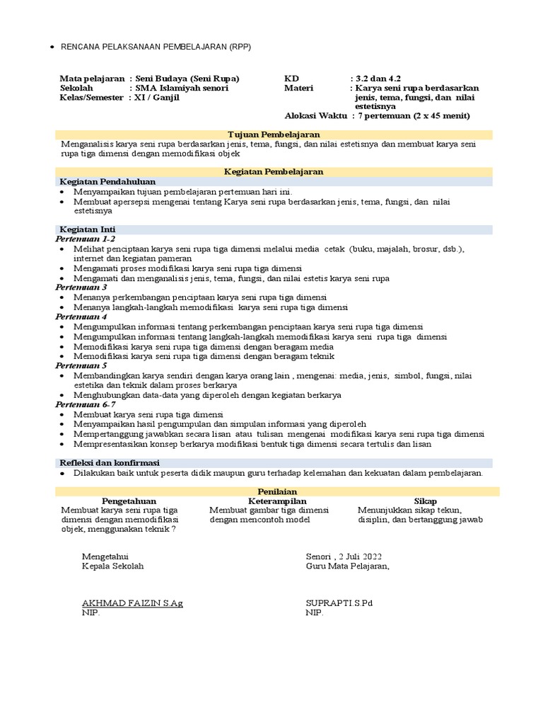 RPP Karya Seni Rupa Berdasarkan Jenis, Tema, Fungsi, Dan Nilai ...