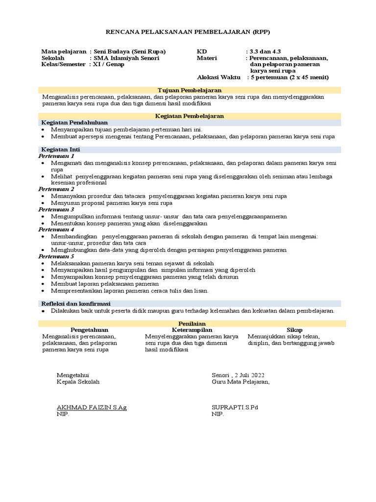 RPP Perencanaan, Pelaksanaan, Dan Pelaporan Pameran Karya Seni Rupa | PDF