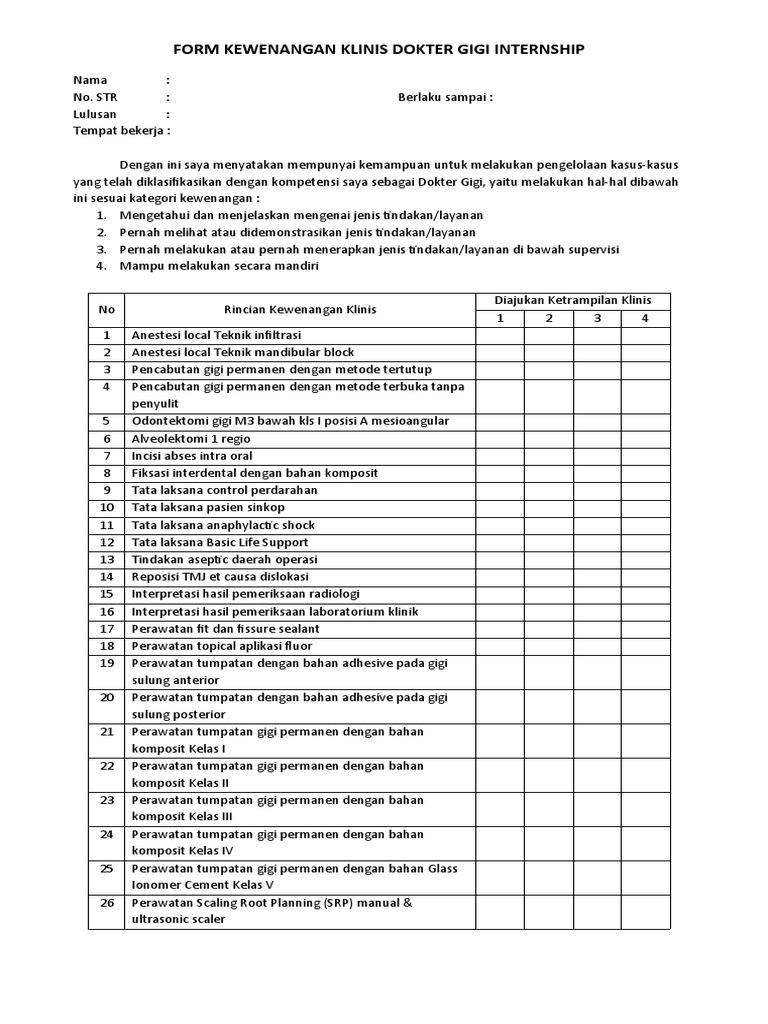 Form Kewenangan Klinis Dokter Gigi Internship | PDF | Teknologi & Rekayasa
