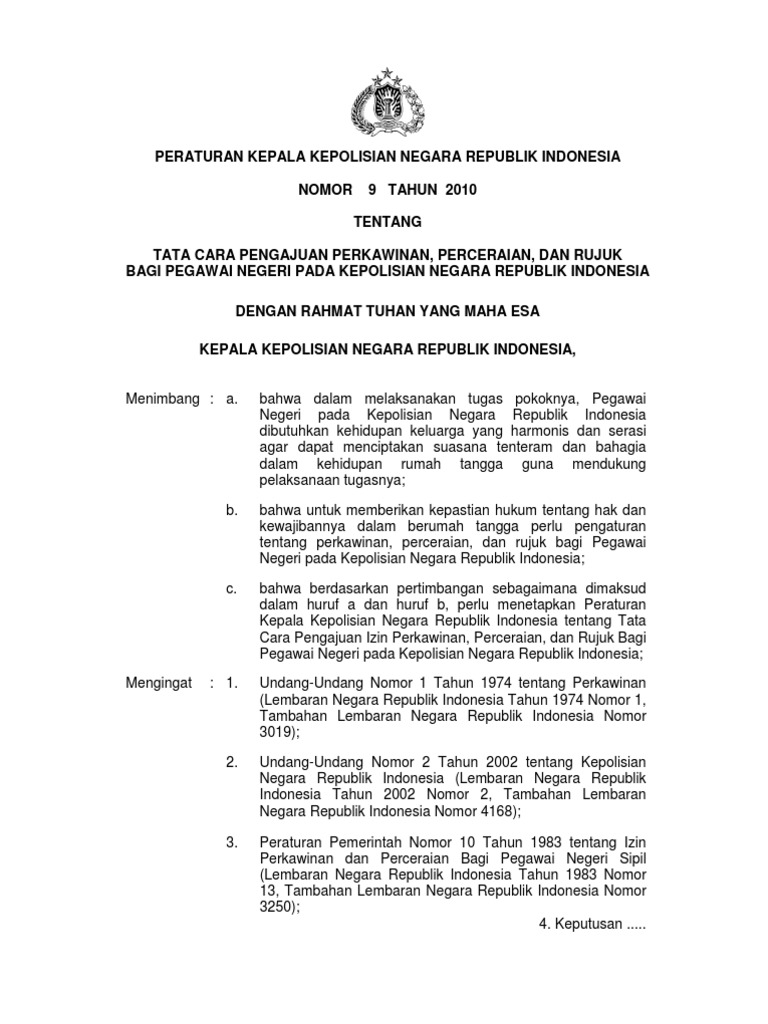 Perkap No.9 TH 2010 TTG Nikah Cerai Rujuk Agt Polri | PDF