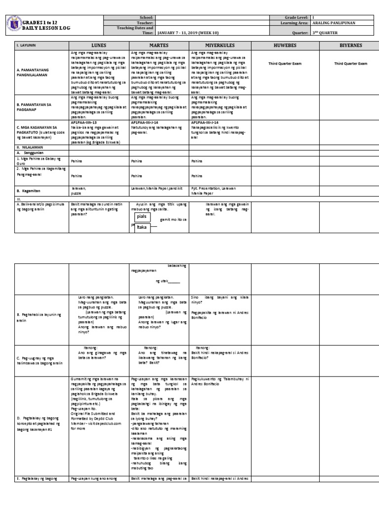 DLL - Araling Panlipunan 1 - Q3 - W10 | PDF