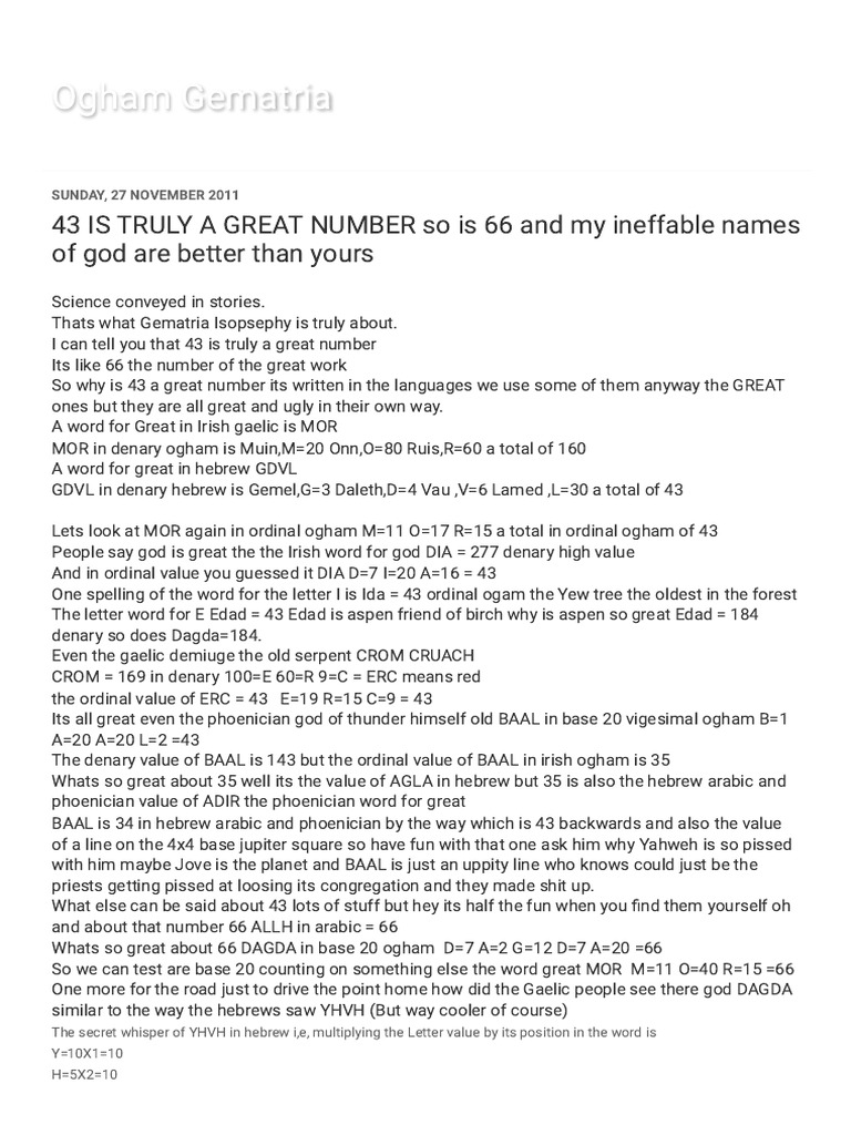 Ogham Gematria - 43 Is TRULY A GREAT NUMBER So Is 66 and My Ineffable ...