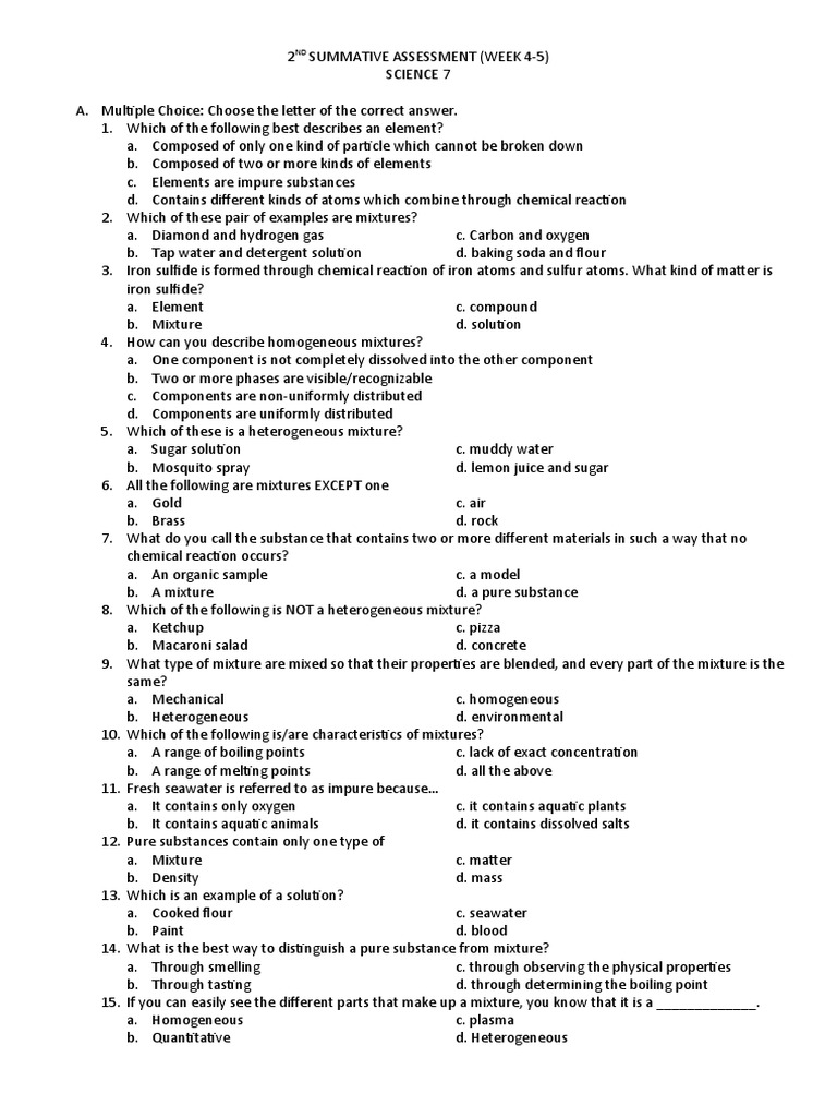 2ND Summative Assessment G7 | PDF | Mixture | Chemical Substances